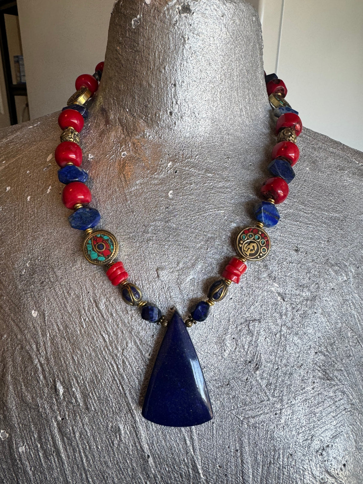 Lapis lazuli stone, Red coral, Tibeatan beads, affrican brass metal, n ...