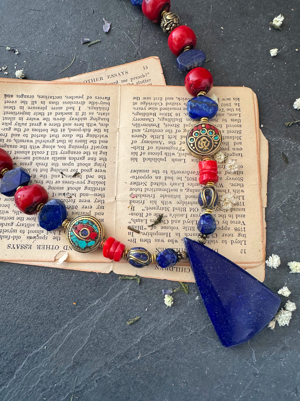 Lapis lazuli stone, Red coral, Tibeatan beads, affrican brass metal, n ...