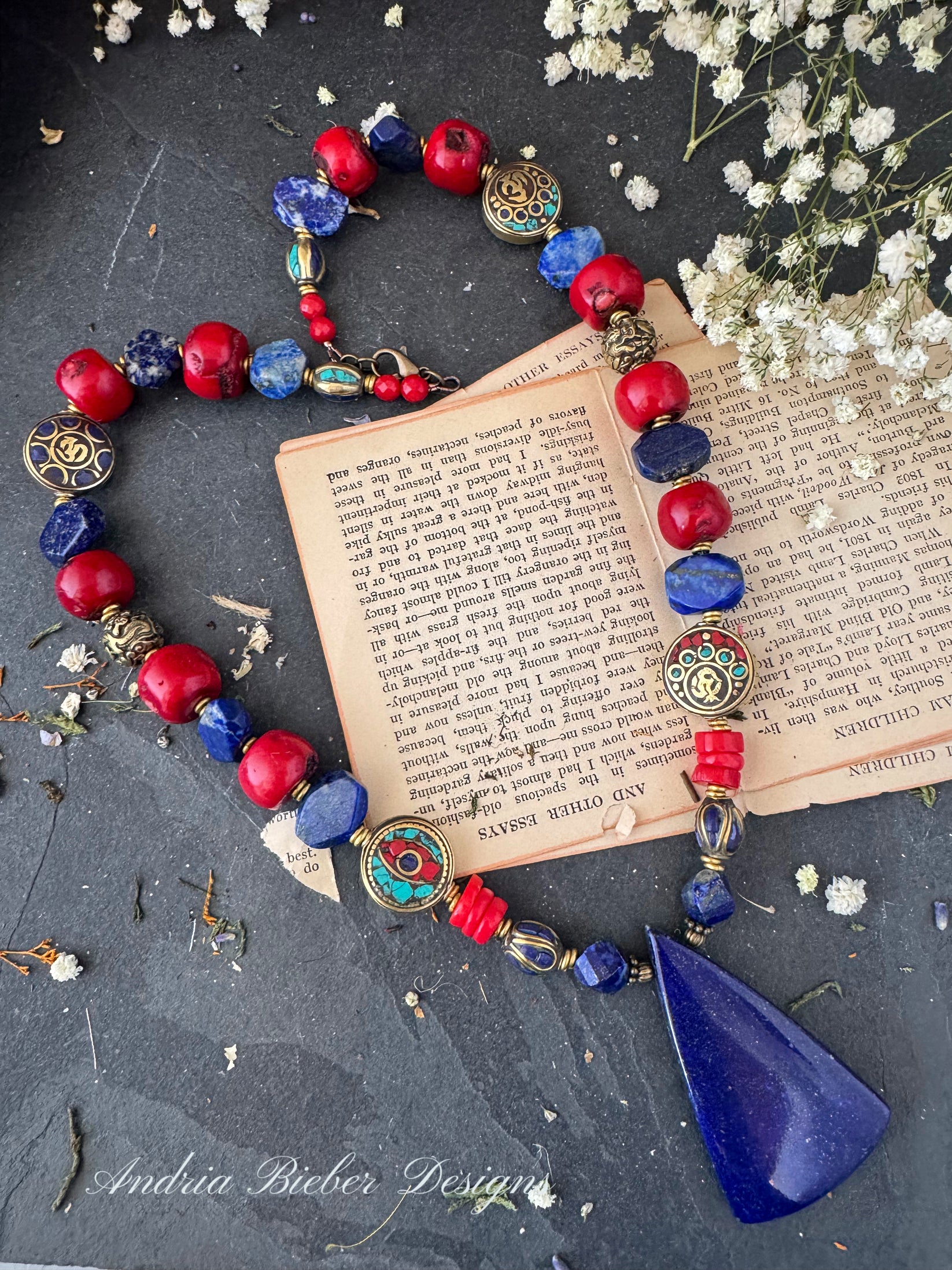 Lapis lazuli stone, Red coral, Tibeatan beads, affrican brass metal, n ...