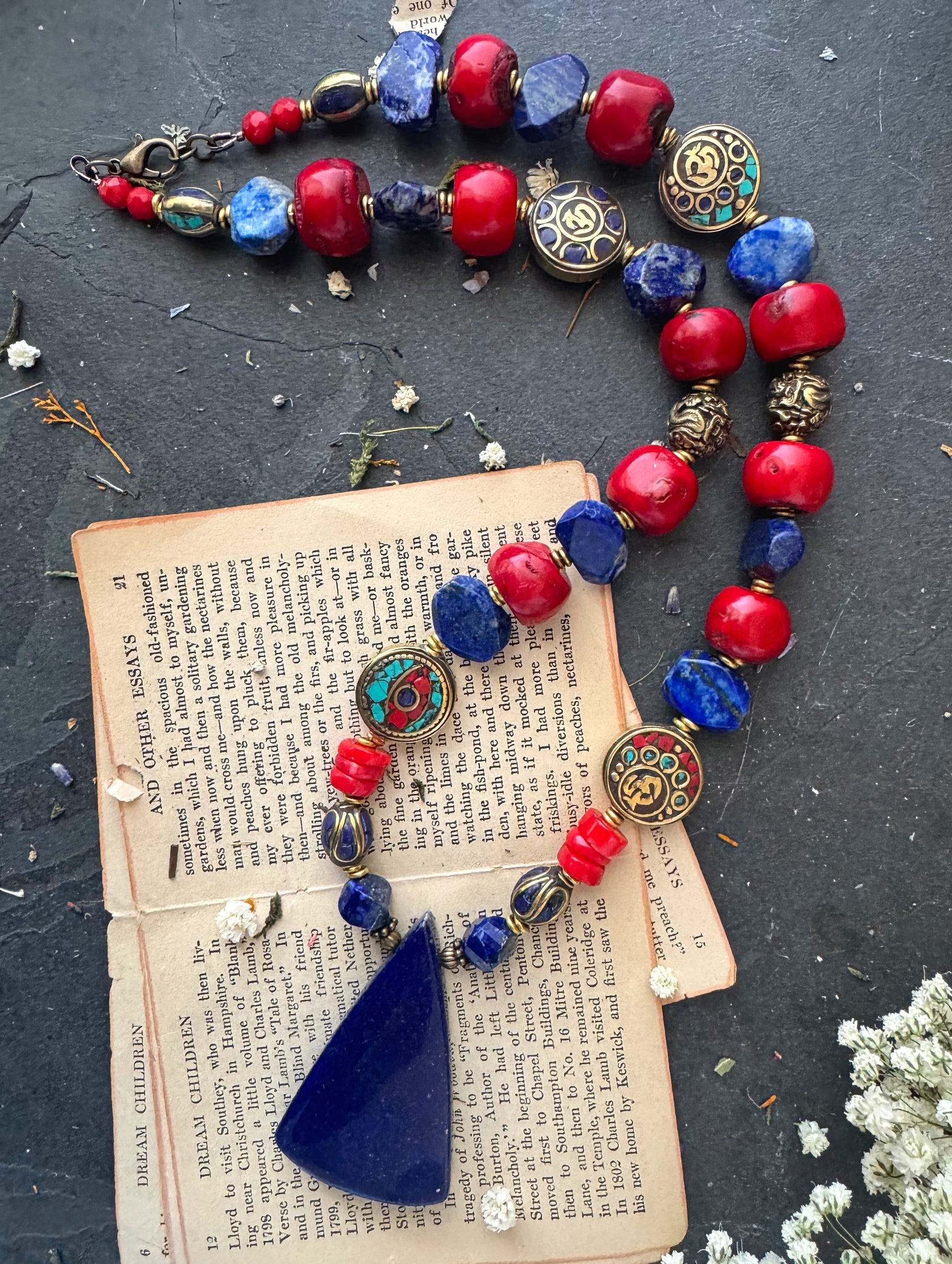 Lapis lazuli stone, Red coral, Tibeatan beads, affrican brass metal, n ...